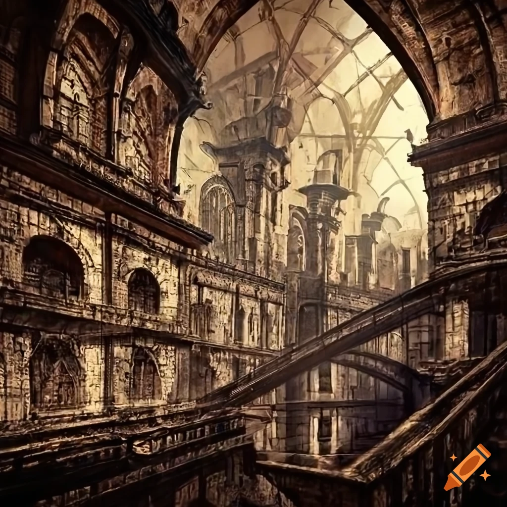 Steampunk urban prison with bridges, arches, and vaults in ...