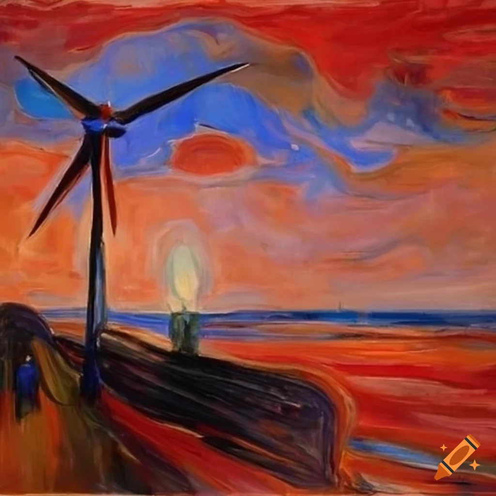 Wind turbines painted by edvard munch on Craiyon