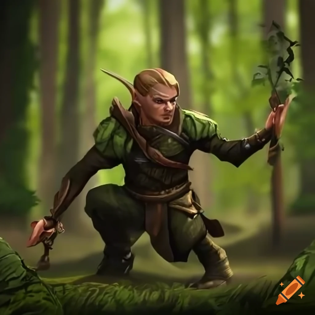 Heroic male elf scout in camouflage sneaking through the forest on Craiyon