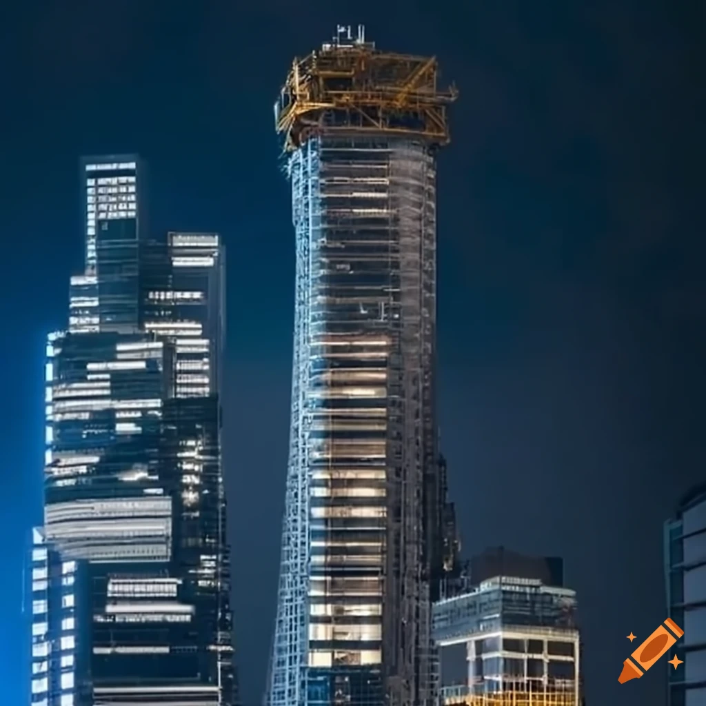 Metallic megastructure towering above the city during construction on ...