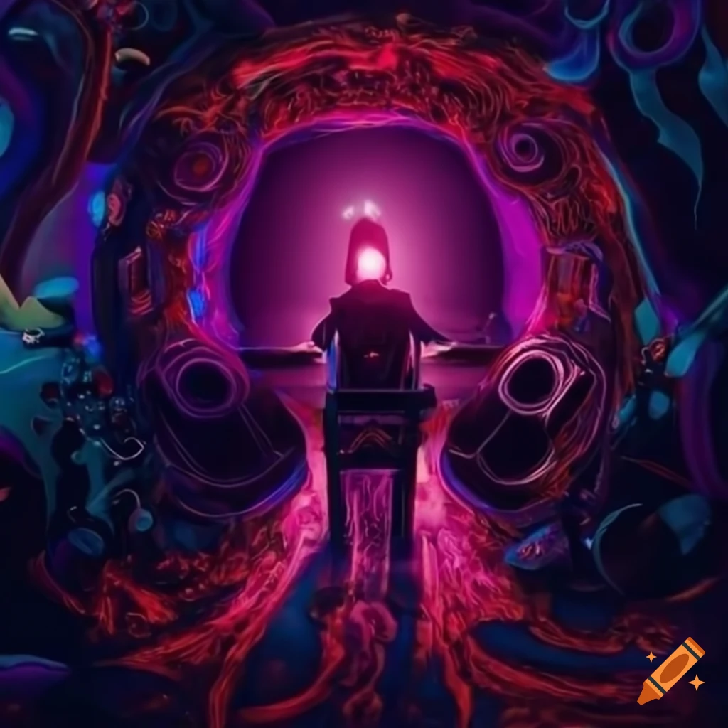 Dj playing in a futuristic and trippy fantasy setting on Craiyon