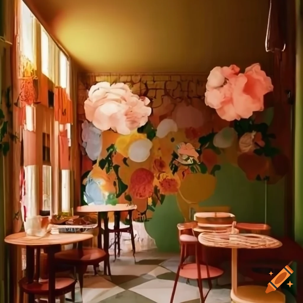 Interior of a floral-themed cafe with warm lighting and colorful ...
