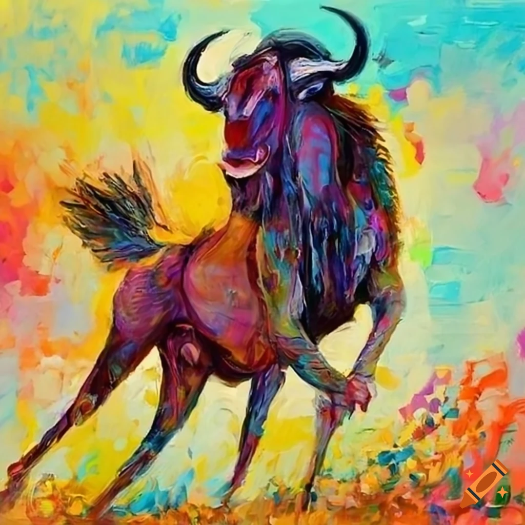 Colorful impressionist painting of a fighting gnu on Craiyon