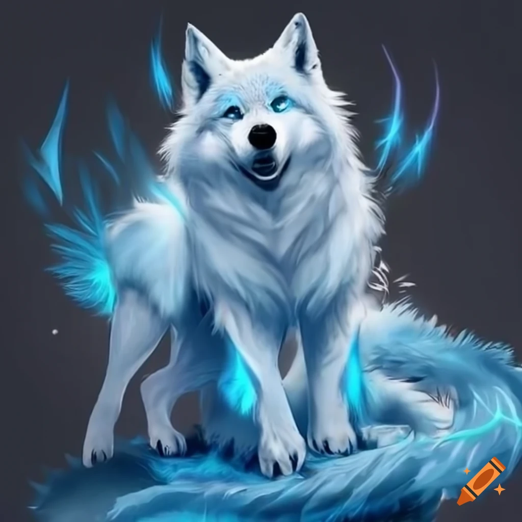White and blue wolf ice demon fluffy on Craiyon