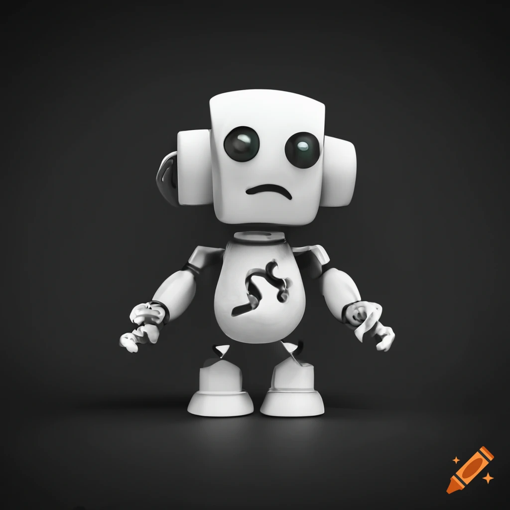 Sad toy robot with a broken heart in black and white on Craiyon