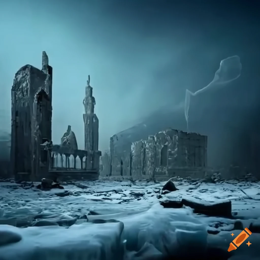 Snow-covered ruins of mecca in a post-apocalyptic ice storm on Craiyon