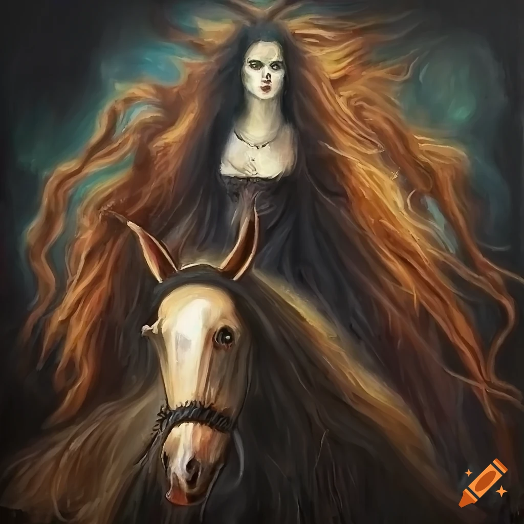 Witch riding a horse in a dark fantasy oil painting art with ...