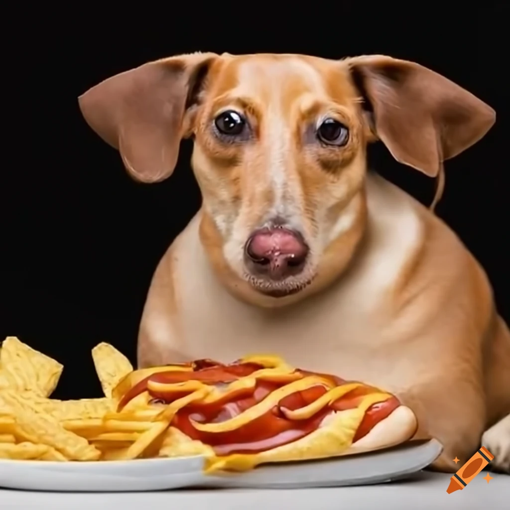 Chubby dachshund enjoying chips and hot dogs on Craiyon