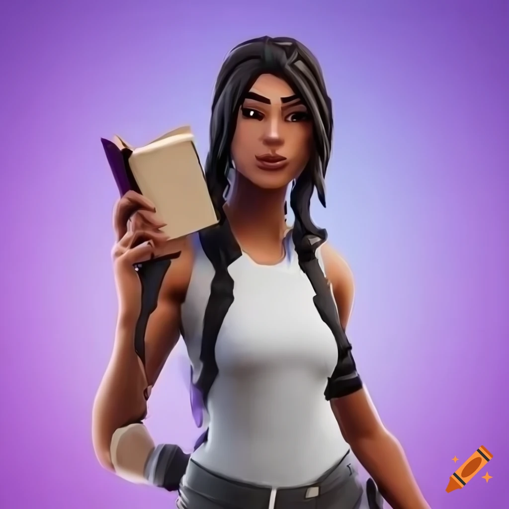 Fortnite character with long dark brown hair and a book in hand on Craiyon