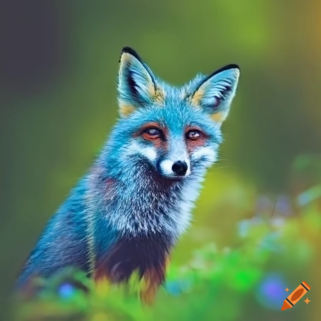 Blue furry fox next to a flowing river with vibrant wildflowers and ...