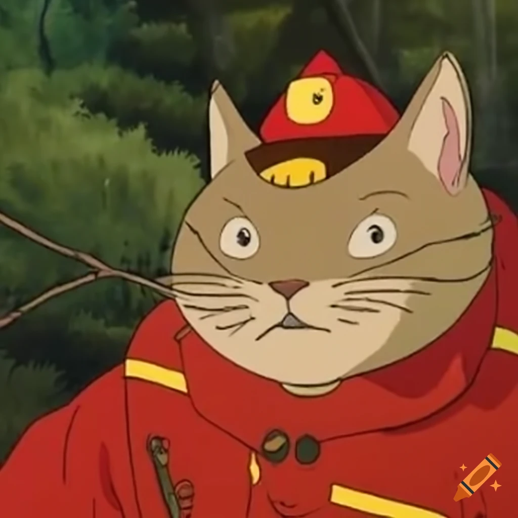 Ghibli animation of firefighter cats on Craiyon