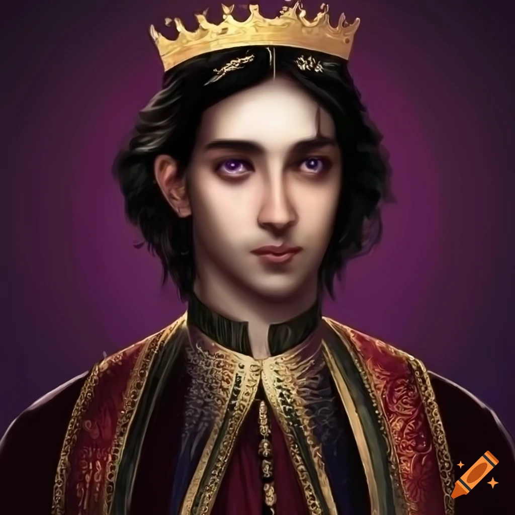 Portrait of a young king with purple eyes and long black hair wearing ...