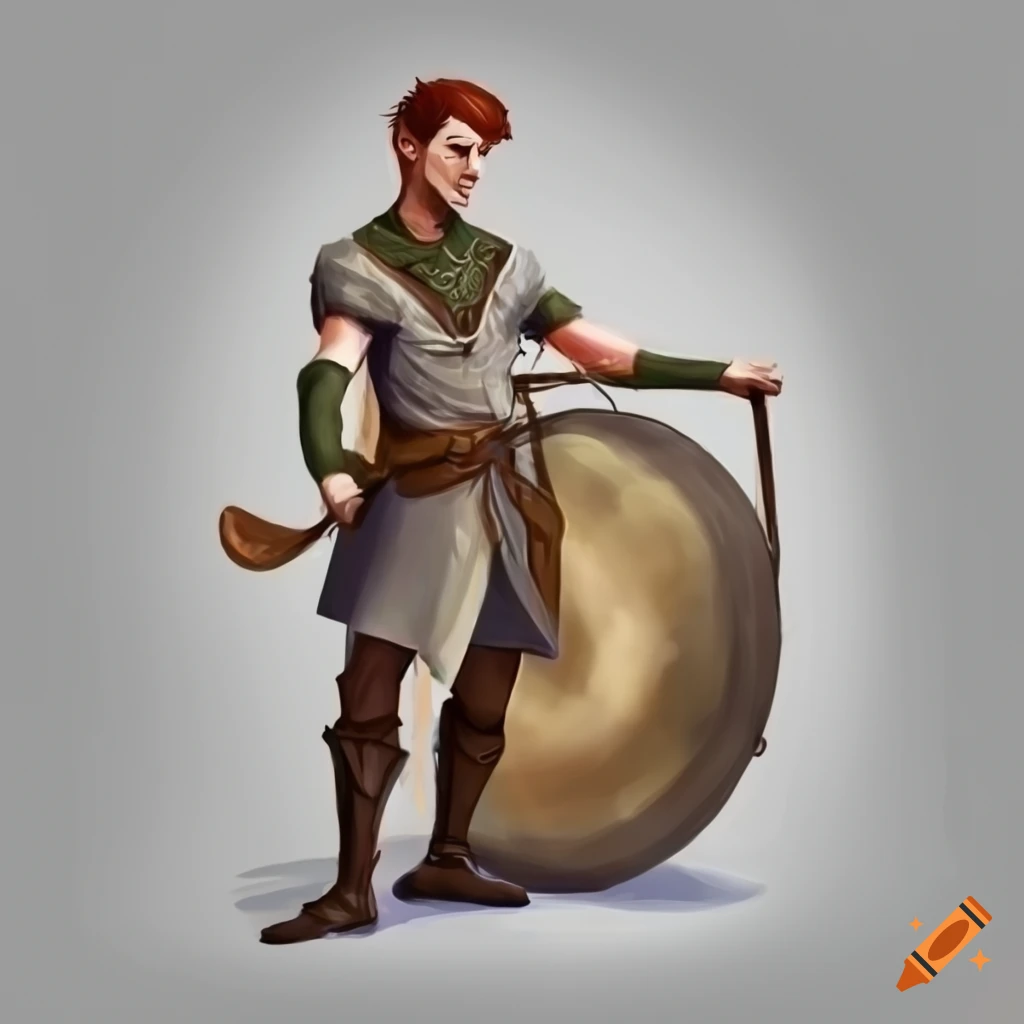 Male half-elf bard playing a massive gong on Craiyon