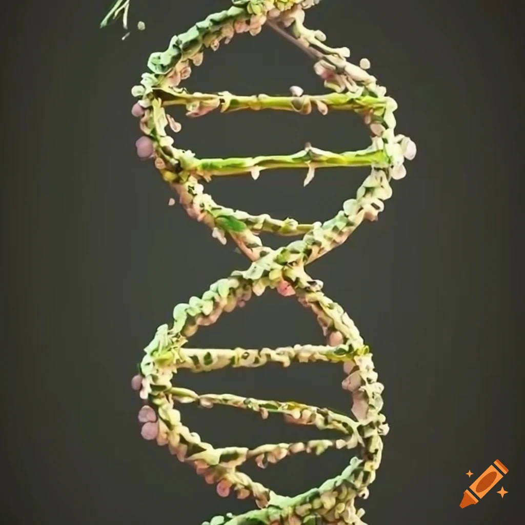 Dna helix made of tree branches, flowers, fruit, and leaves on Craiyon