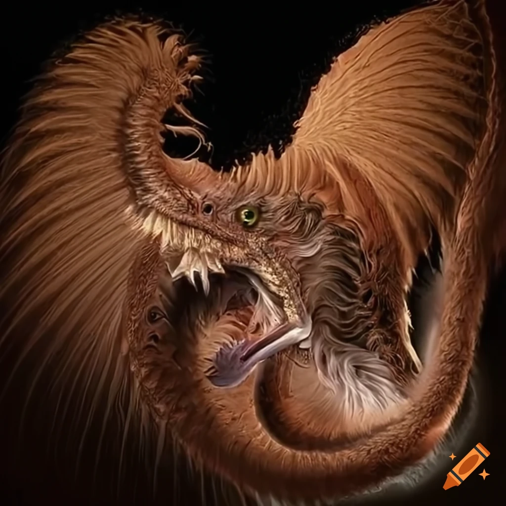 Brown mythological beast furry dragon hybrid slithering over a ...