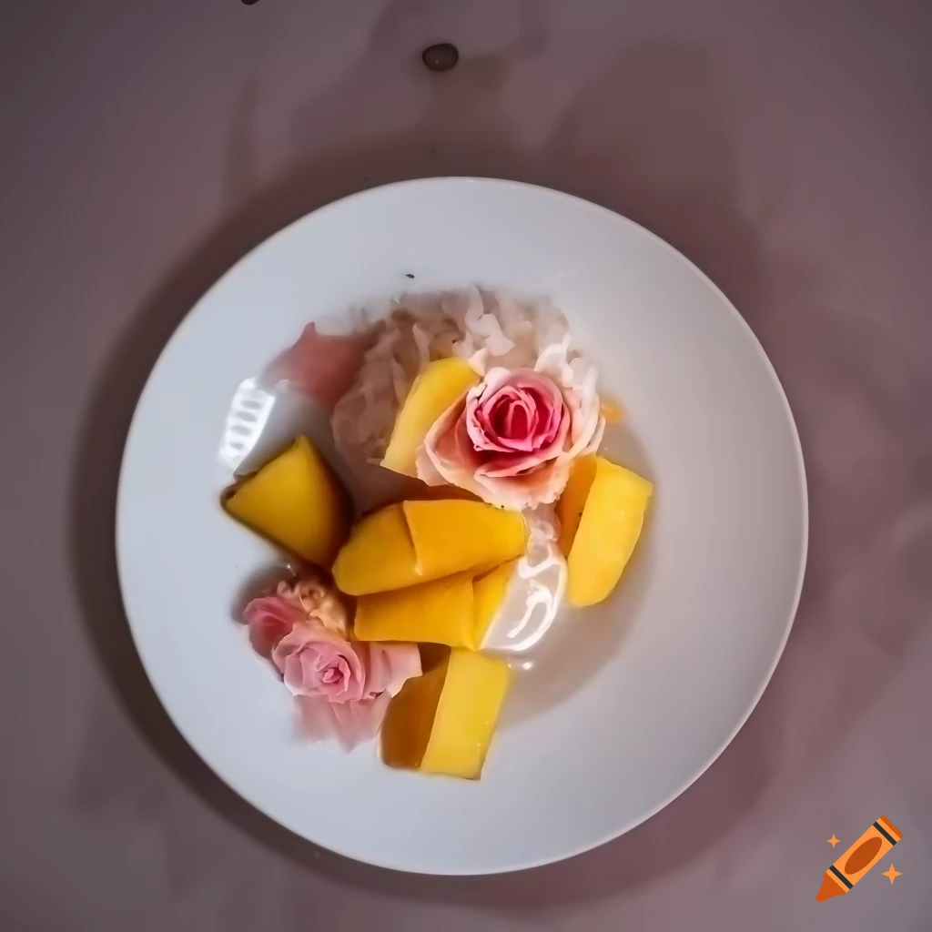 Delicious dish of ripe mangoes, sticky rice, sweet coconut sauce, and a ...