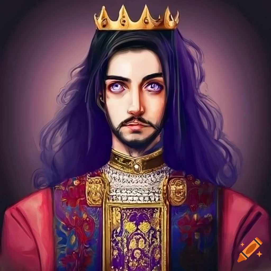 Young handsome king with purple eyes and long black hair wearing an ...