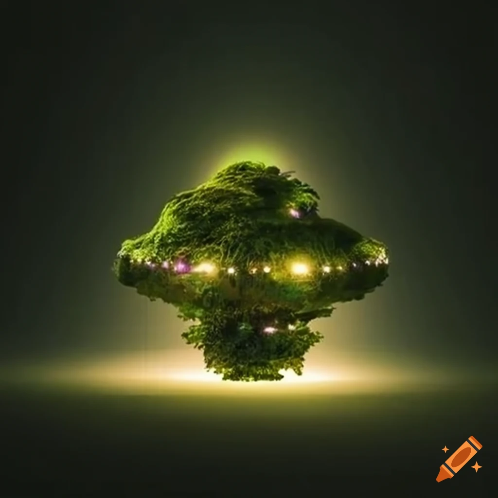 Spaceship made of trees and moss with shimmering light on Craiyon
