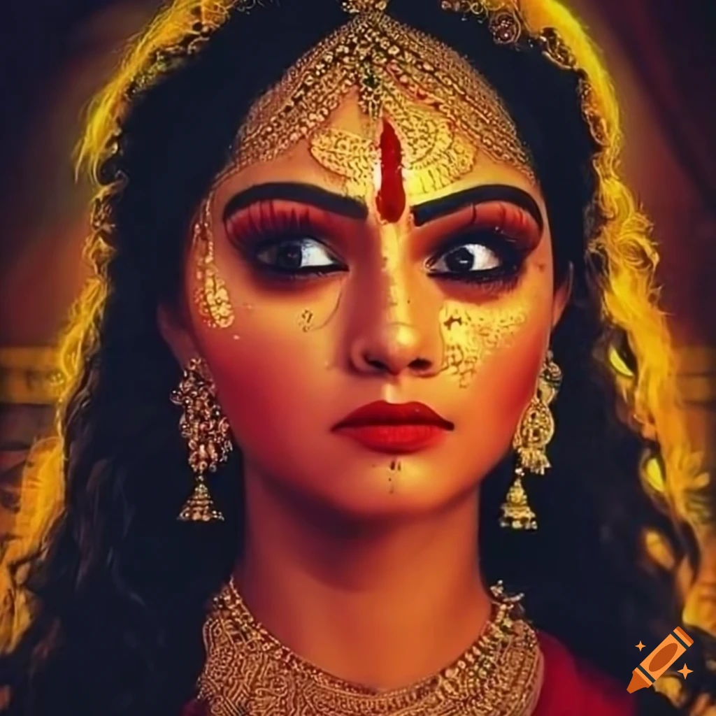 Maa Durga with thrishool in her hand and red saree on Craiyon