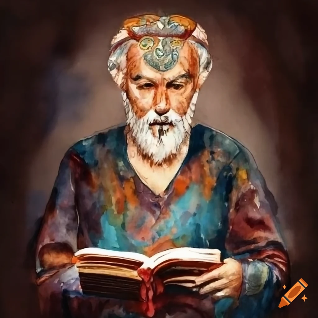 Handsome mature man in flowing dress reading from an ancient book with ...