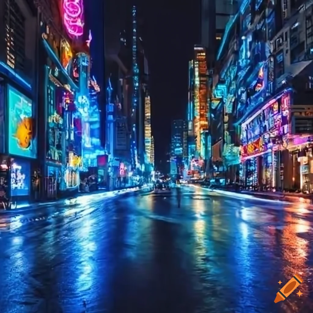 Vibrant blue neon lights illuminating a busy city street on Craiyon