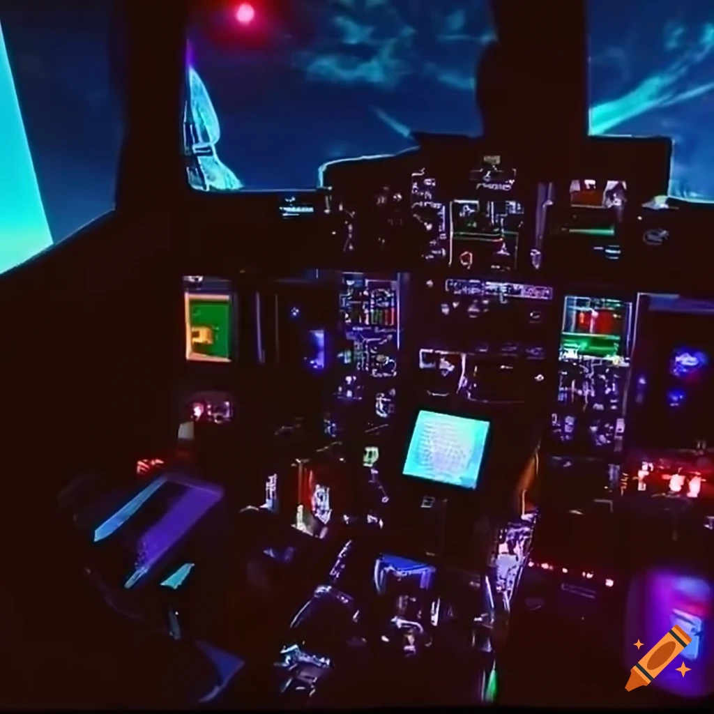 Interior view of a space fighter jet cockpit with multiple CRT displays ...