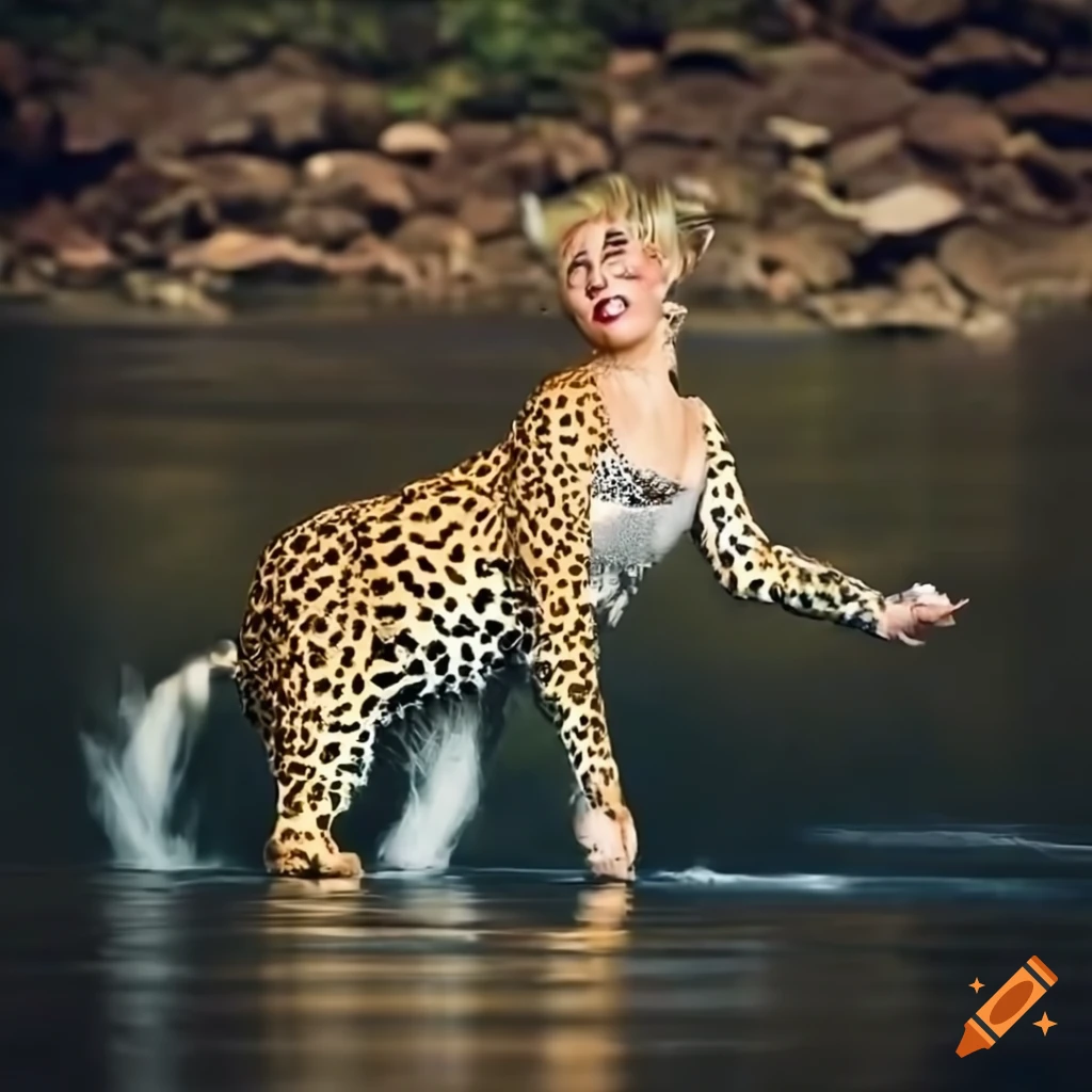 Miley cyrus as a leopard centaur in a river on Craiyon