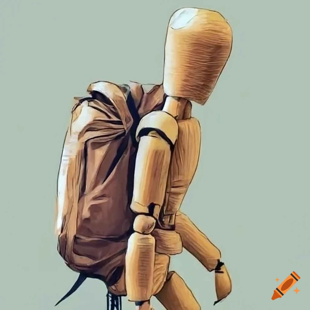 Wooden figure with backpack in a city street on Craiyon