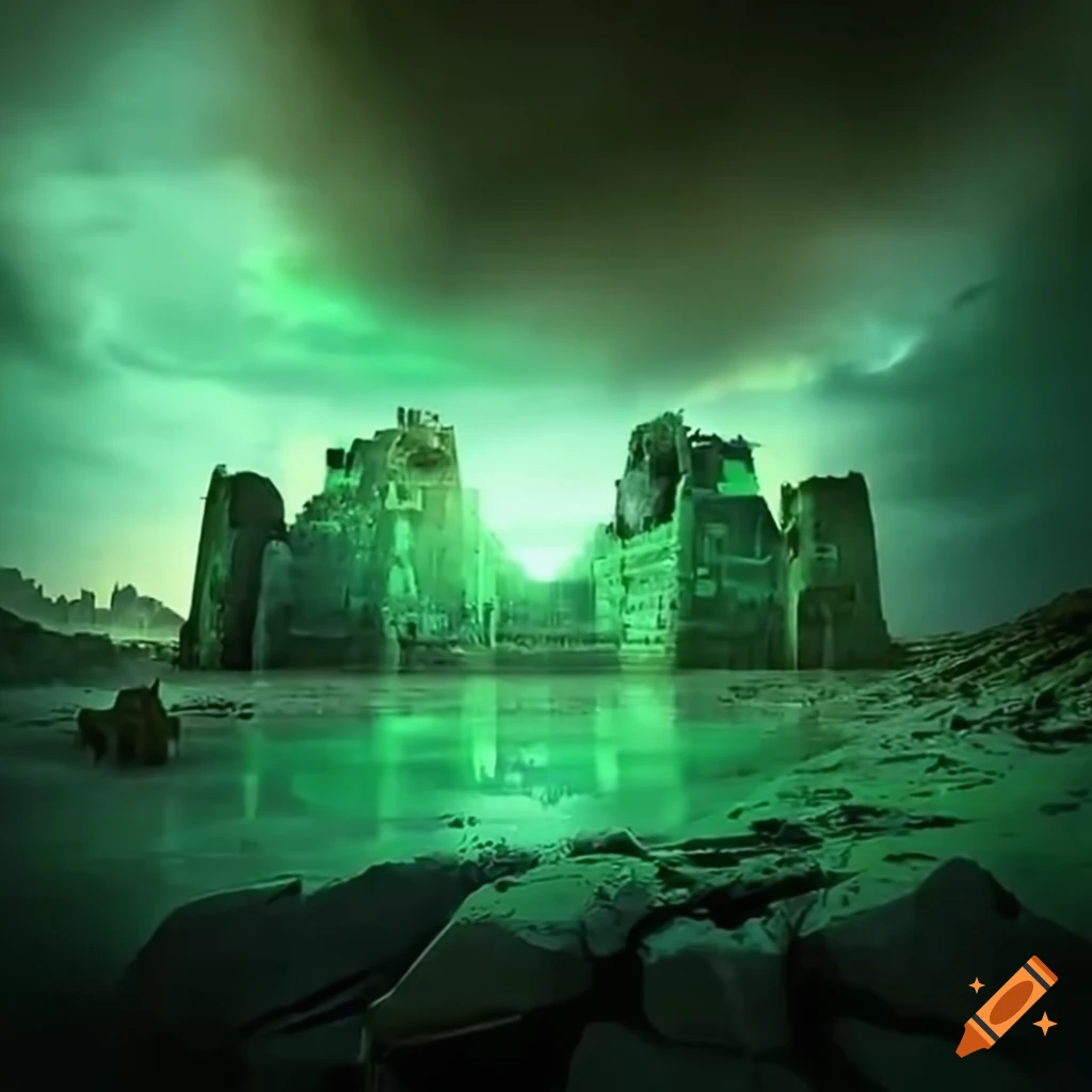 Post-apocalyptic ruins with glowing green radioactive fluids on Craiyon