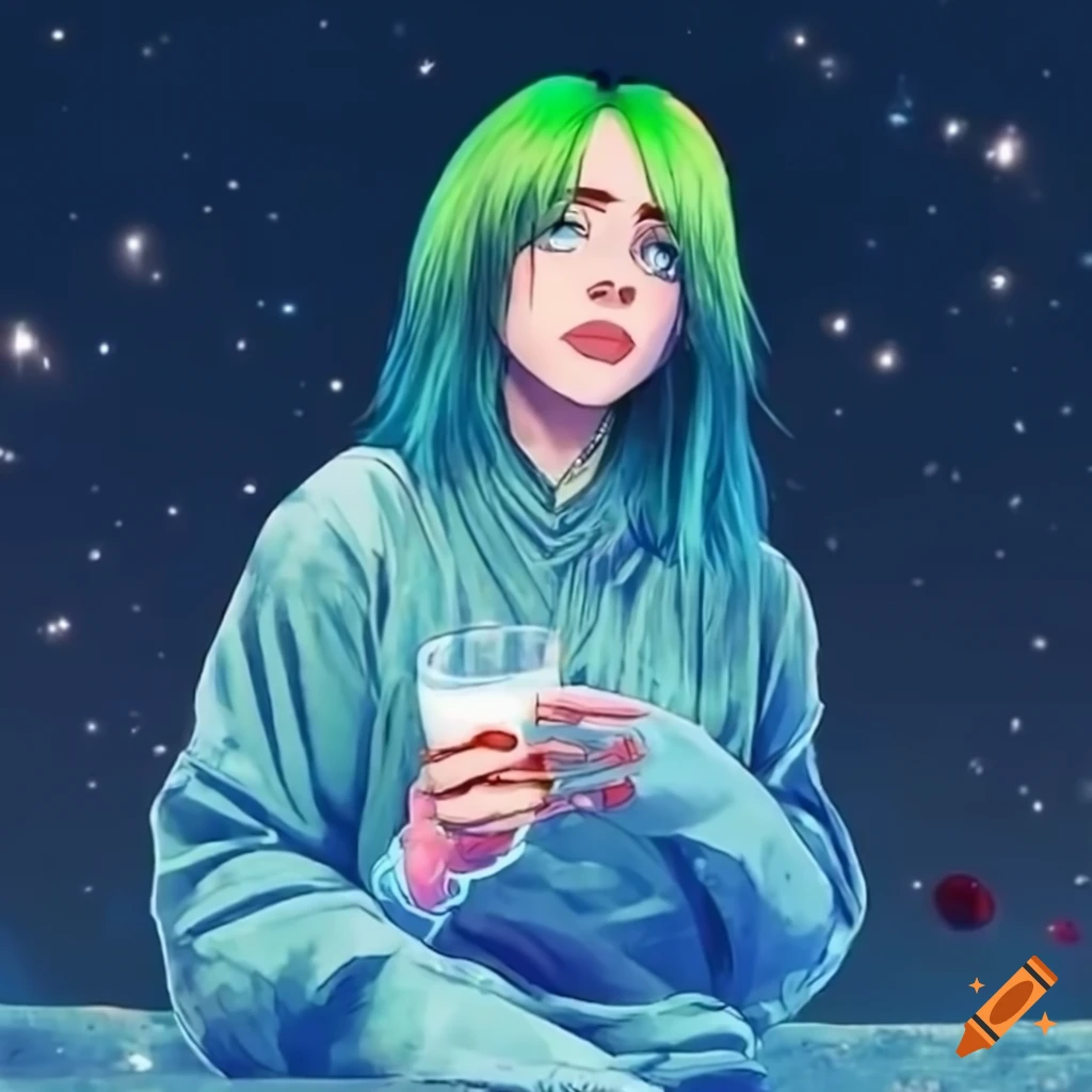 Anime character resembling billie eilish flying in space and drinking ...