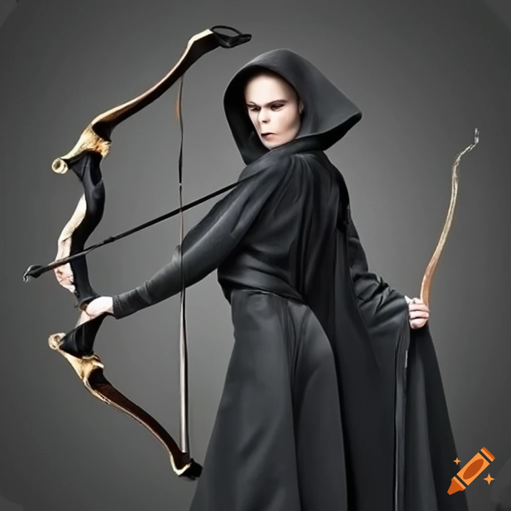 Archer with bow and arrow in black cloak on Craiyon