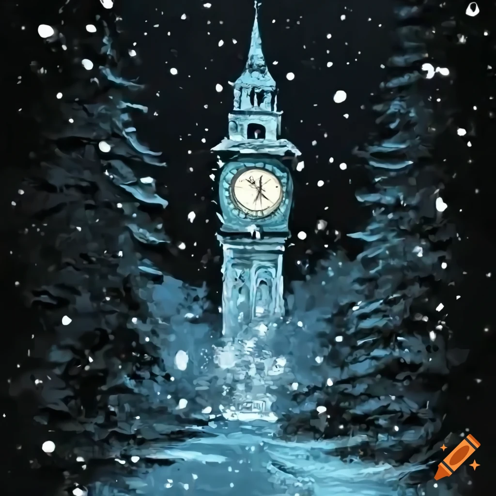 Snow falling at night with a clock tower and surrounding buildings on ...