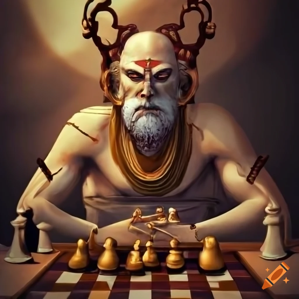 Depiction of ancient gods playing chess on Craiyon