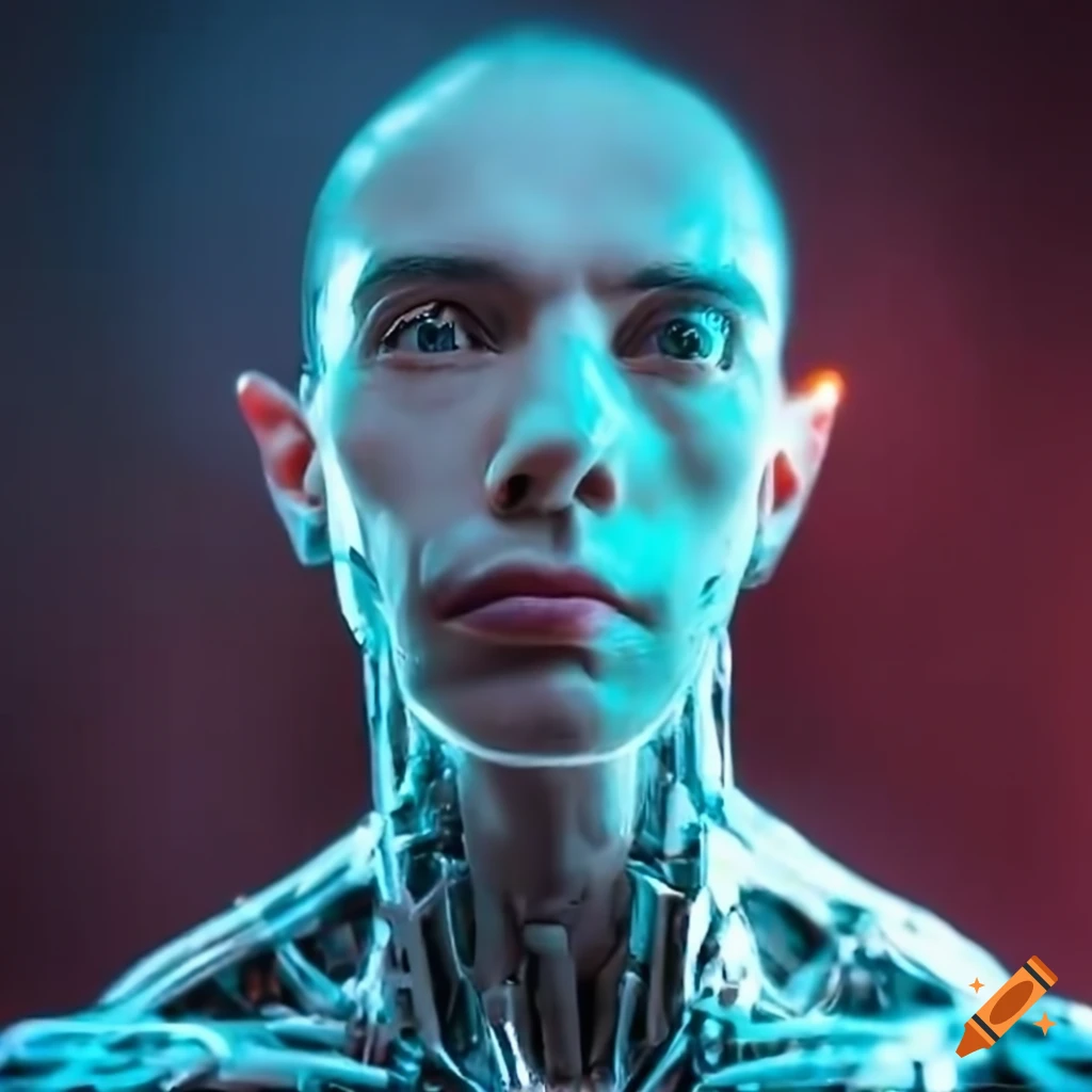 PhotoRealistic image of a skinny quirky male cyborg made of glass and ...