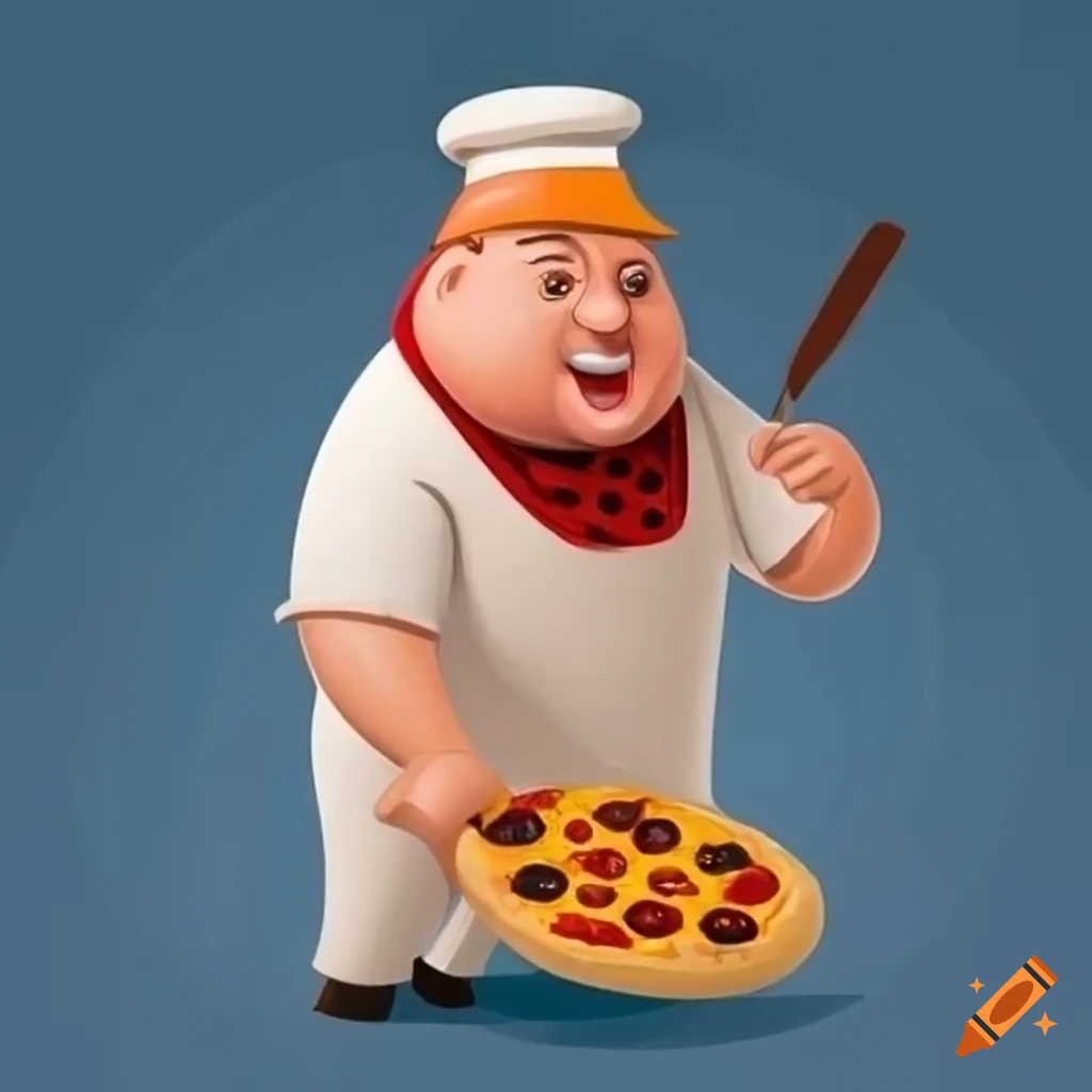 Cartoon of a jolly pizza maker man on Craiyon
