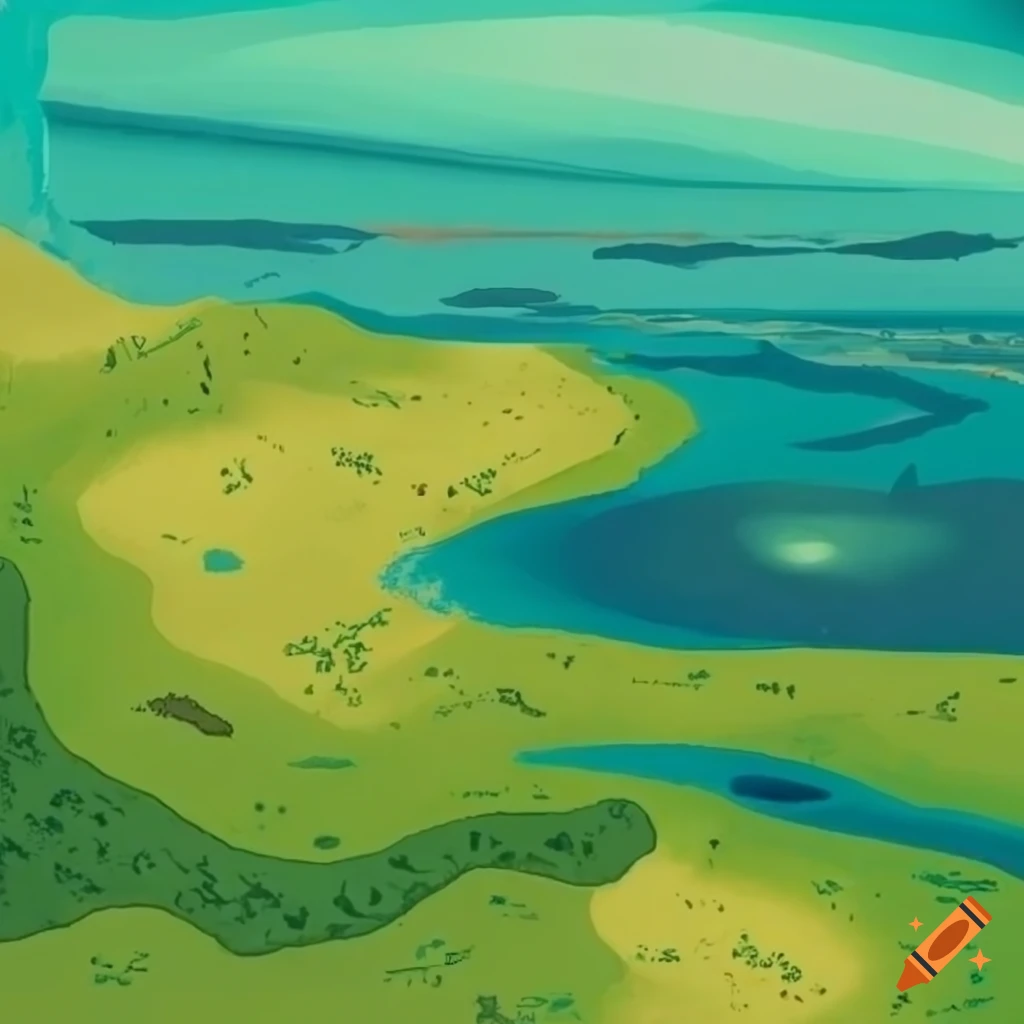 Physical map with forest, steppe, city, mountains, moor, and rivers on ...