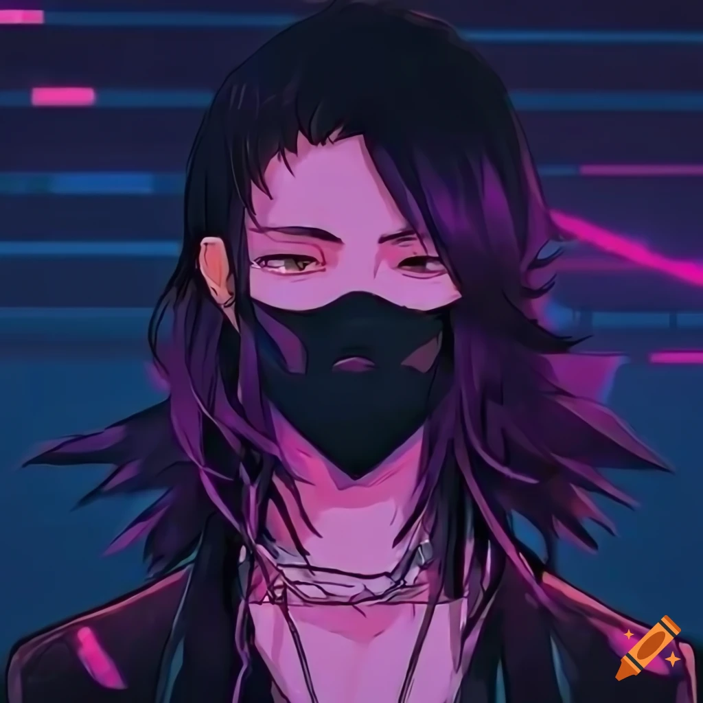 Synthwave sun with anime male wearing mask and long black hair on Craiyon