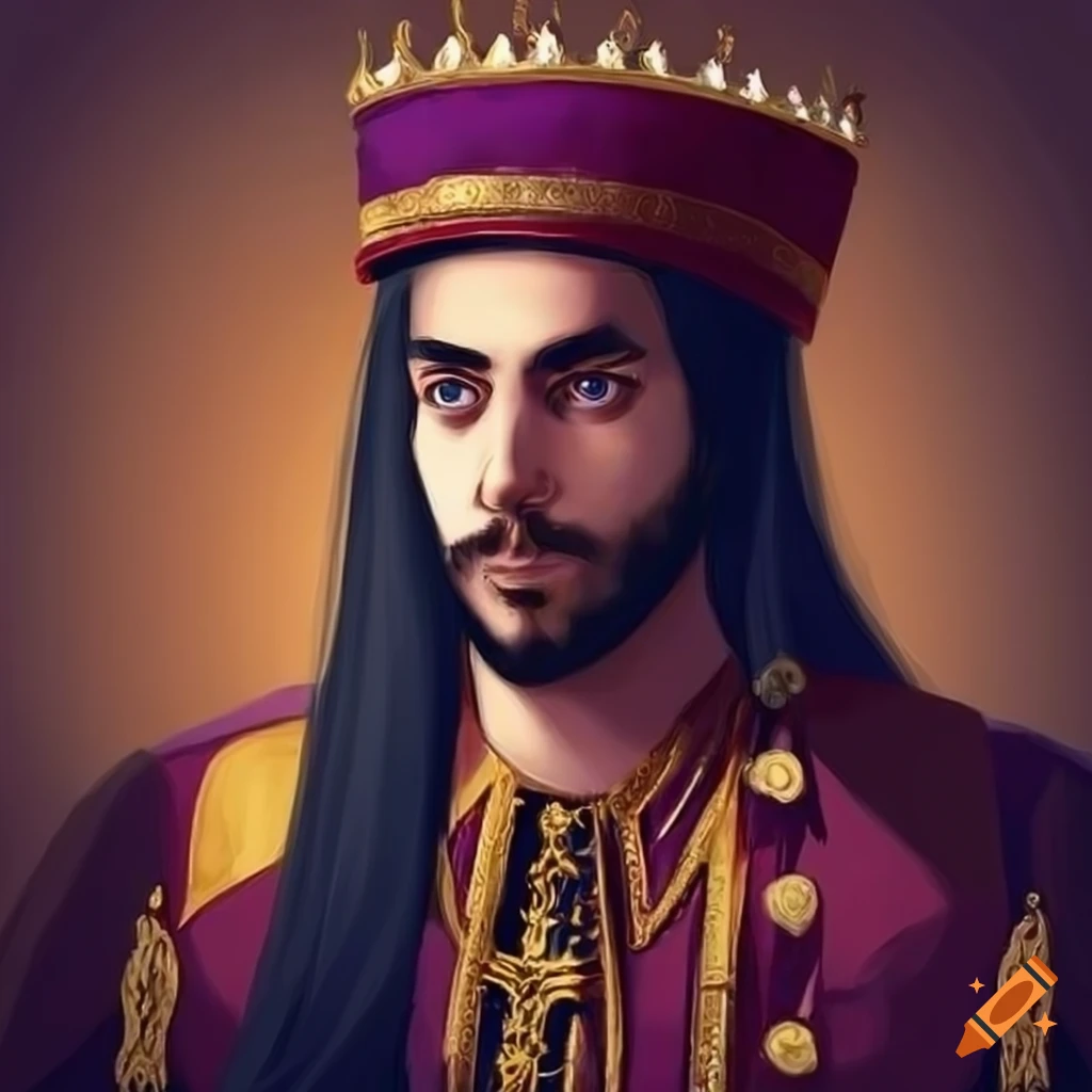Handsome king with purple eyes and long black hair sitting on Ottoman ...