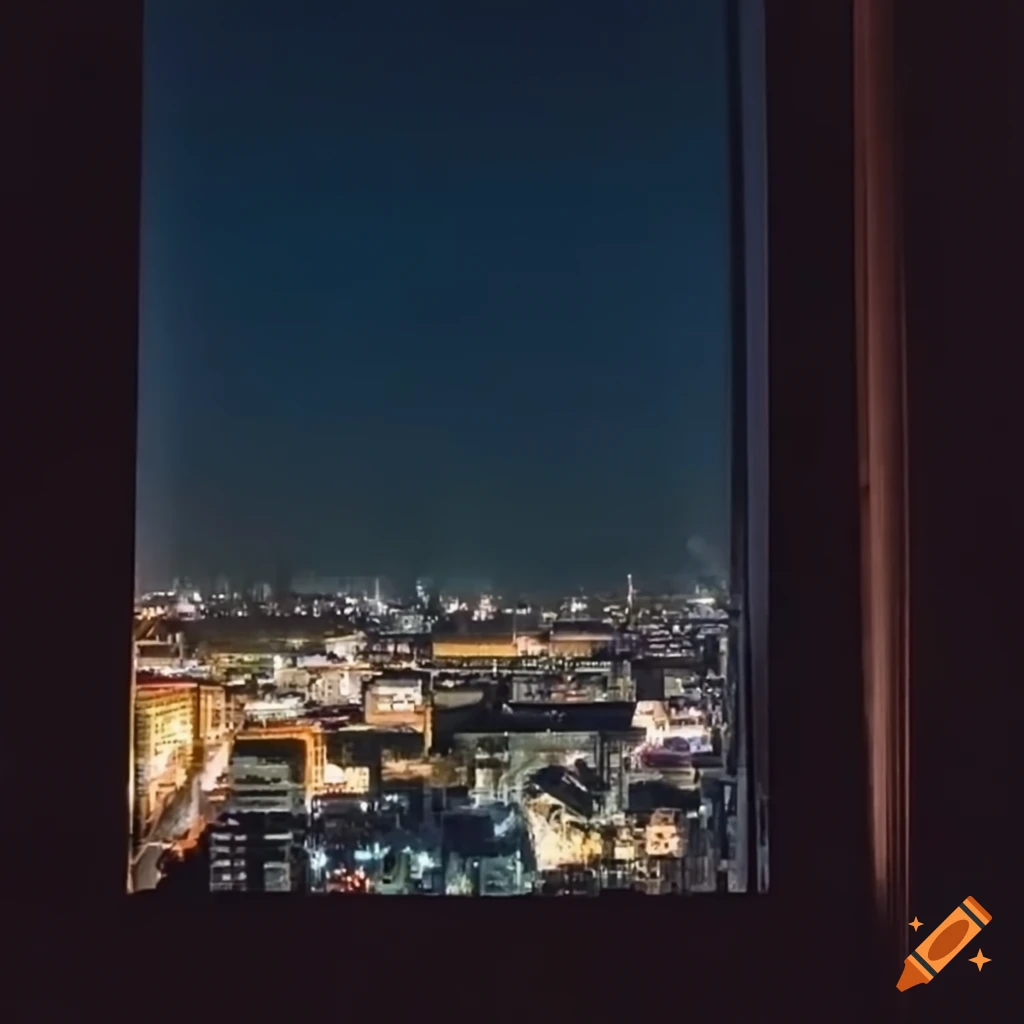 Liminal city night skyline as seen from a window on Craiyon