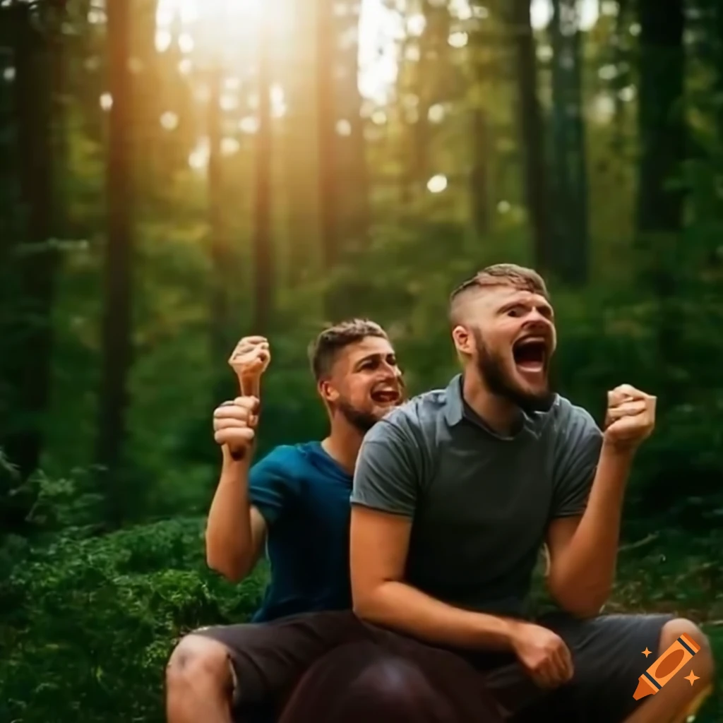 Two men celebrating while camping in the woods on Craiyon