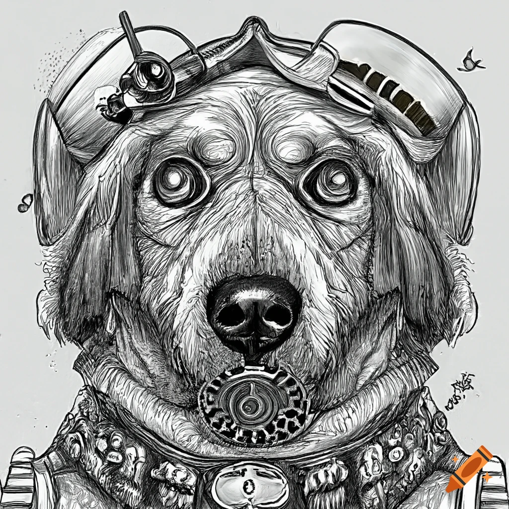Realistic steampunk dog coloring page with fine black and white lines ...