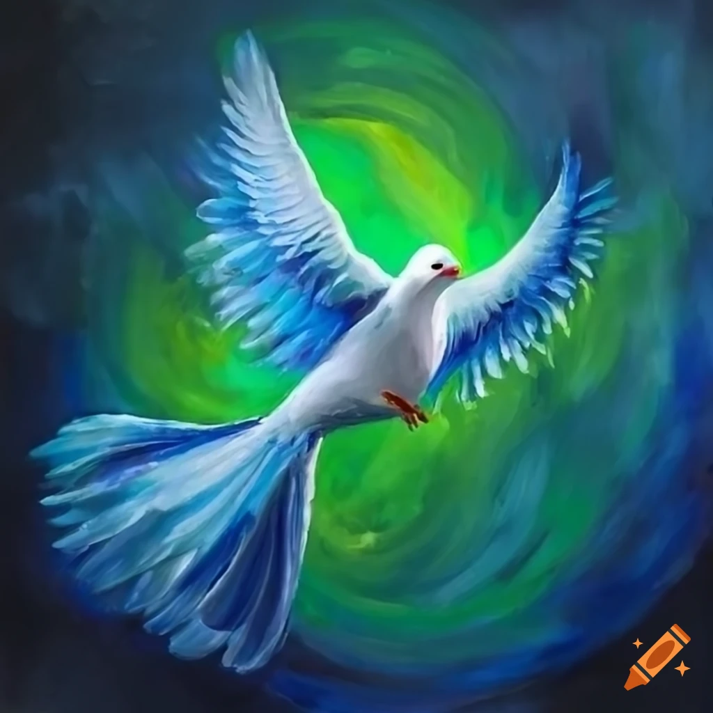 Painting of a dove flying in a magical blue and green landscape on Craiyon