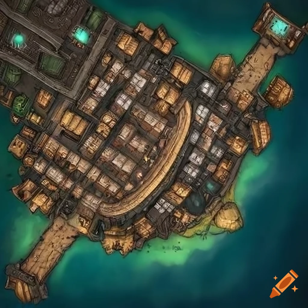 Top-down view of a fantasy city built on a harbor with haphazardly ...