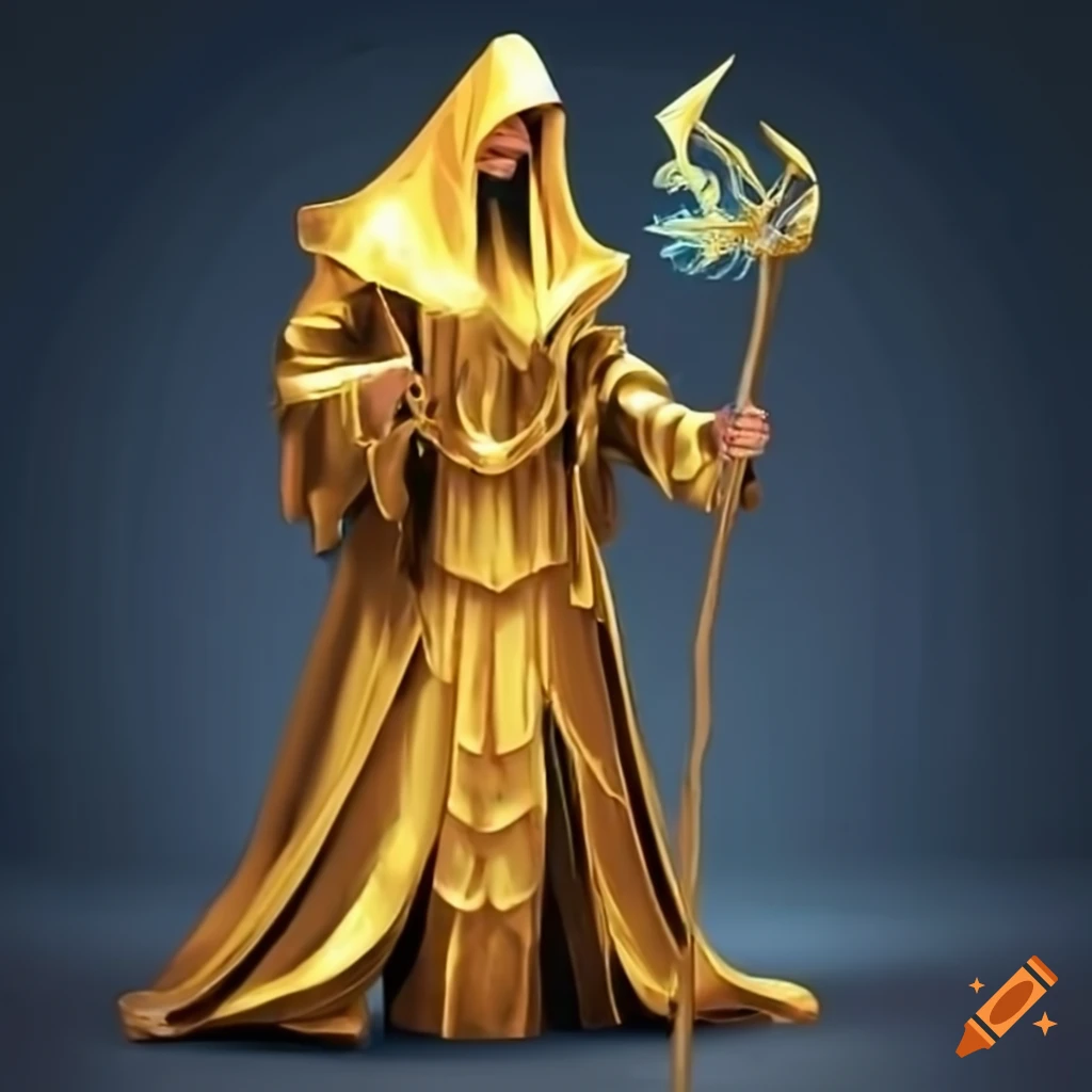 Gold wizard character in a fantasy world on Craiyon