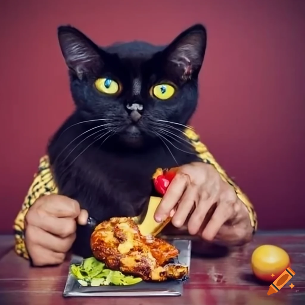 A small black cat named ali with yellow eyes offering a kebab on Craiyon