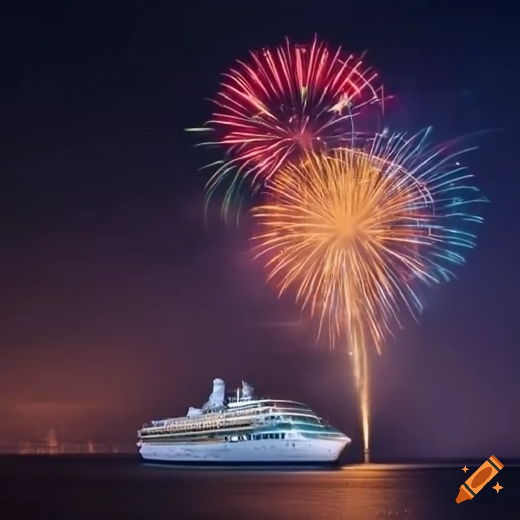 Soirée on a cruise ship with fireworks on Craiyon