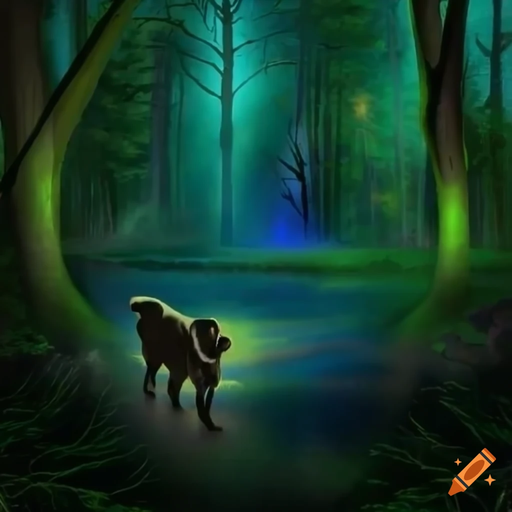 Enchanting forest with Labrador under moonlight on Craiyon