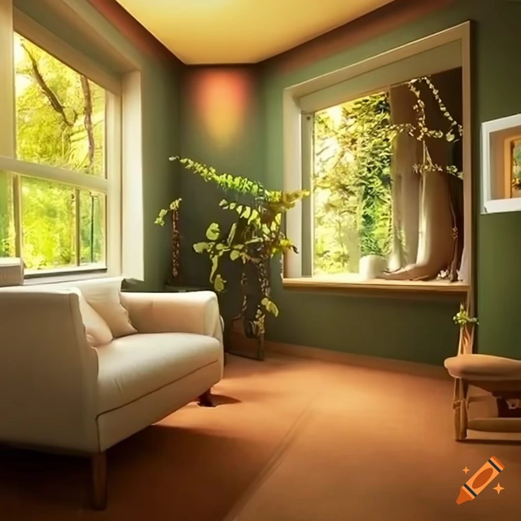 Peaceful and cozy nature-themed counseling room on Craiyon