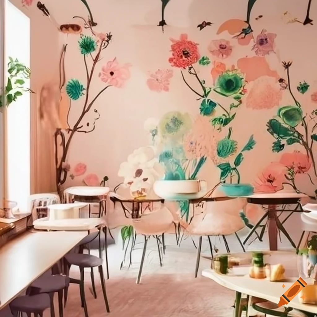 Interior of a floral-themed cafe with colorful painted flowers and warm ...