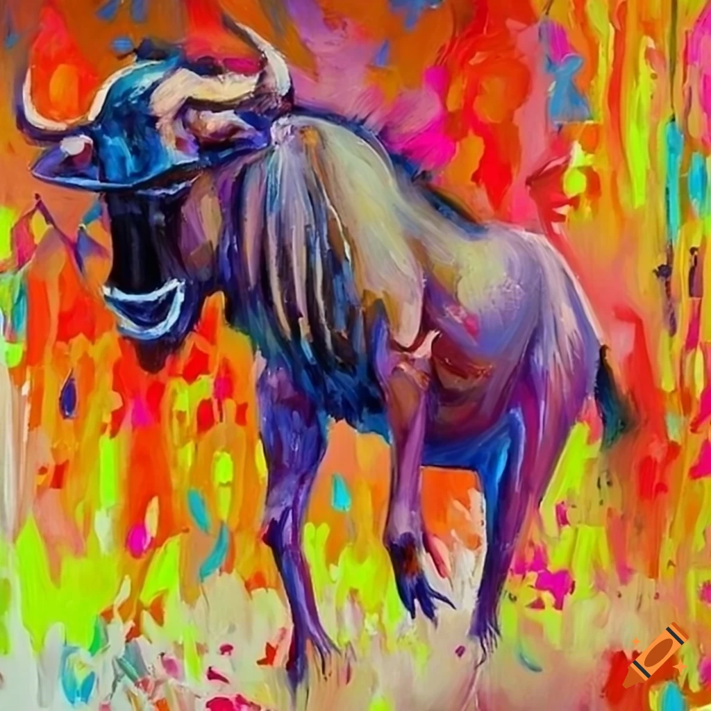 Colorful impressionist painting of a fighting gnu on Craiyon